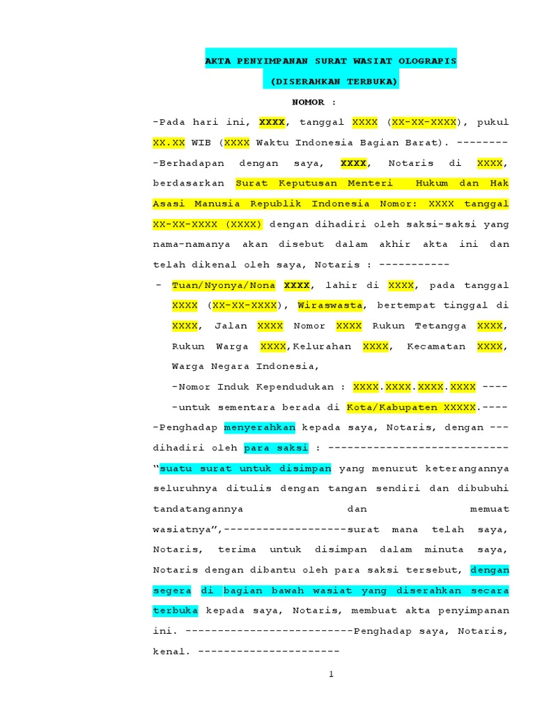 AKTA PENYIMPANAN WASIAT OLOGRAFIS (Diserahkan Terbuka) - Final | PDF ...