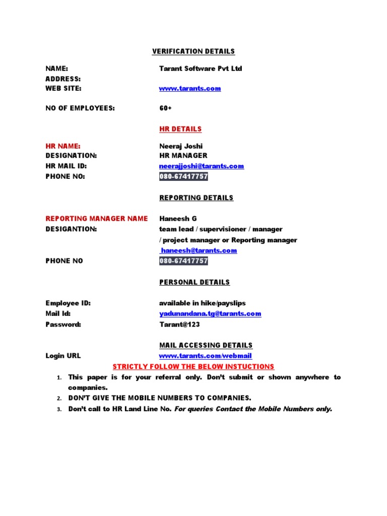 Tarant HR Details | PDF