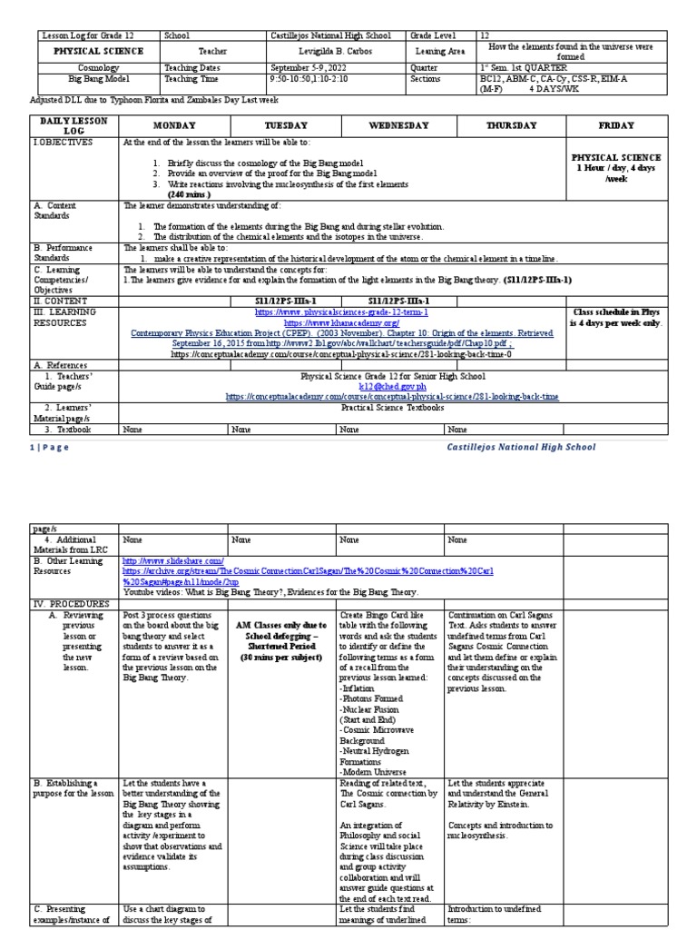 Grade 12 Physical Science Lesson Log | PDF | General Relativity | Big Bang