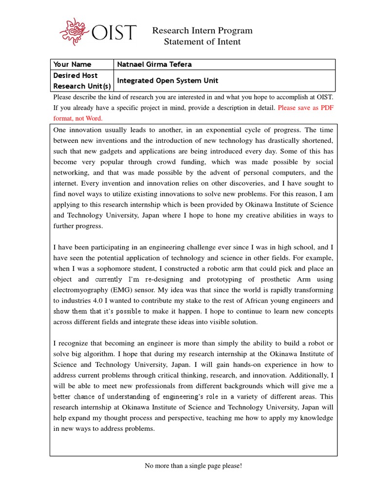 Research Intern Statement of Intent | PDF