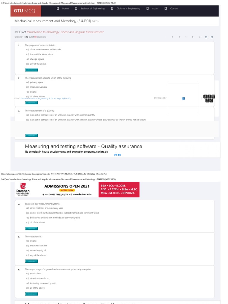 MCQs of Introduction to Metrology, Linear and Angular Measurement ...