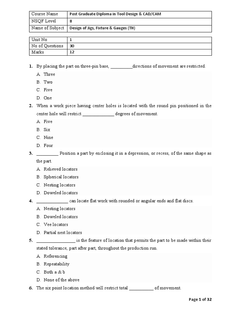 PGDTD&CC_Design of Jigs Fixture & Gauges_TH (1) | PDF | Engineering ...
