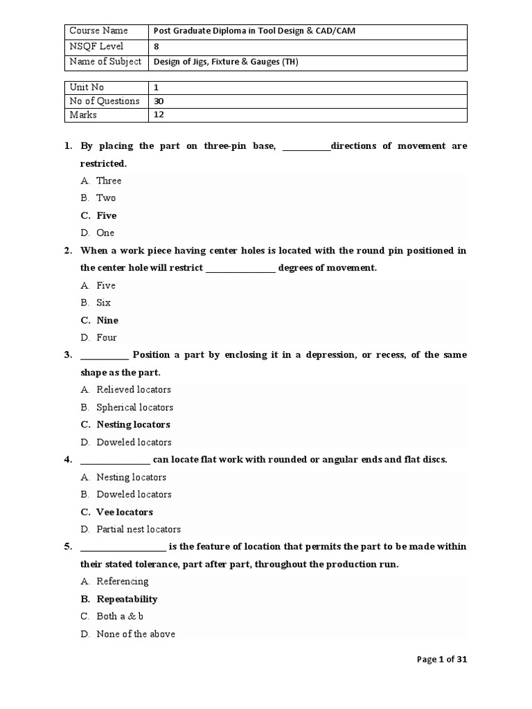 PGDTD&CC - Design of Jigs Fixture & Gauges - TH | PDF | Engineering Tolerance | Screw