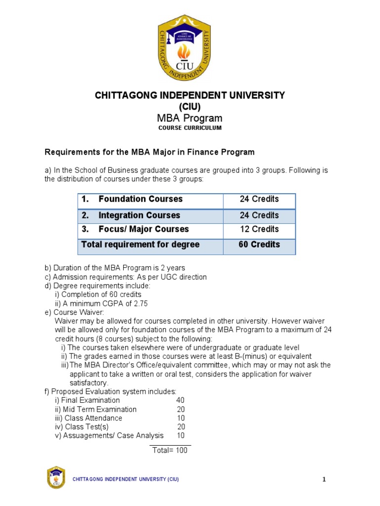 Chittagong Independent University Ciu Mba Program Course Curriculum ...