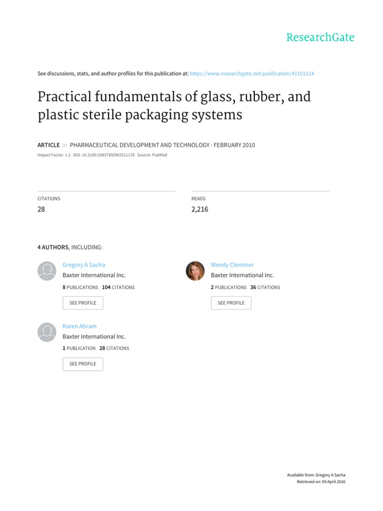 Practical Fundamentals of Glass, Rubber, and Plastic Sterile Packaging ...