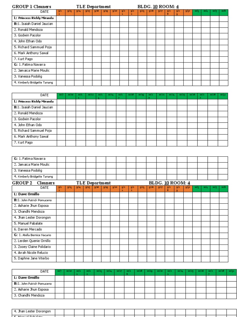 Cleaning Schedule Groups 1-4 | PDF