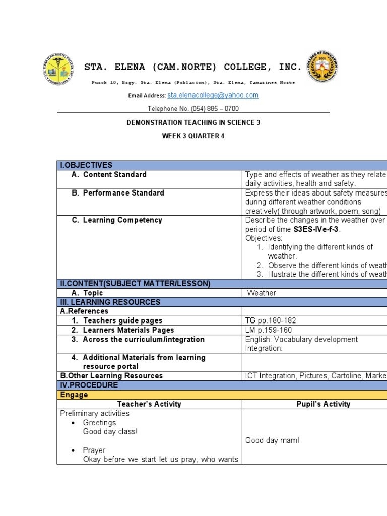 Weather Lesson Plan for Grade 1 | PDF | Weather | Cloud