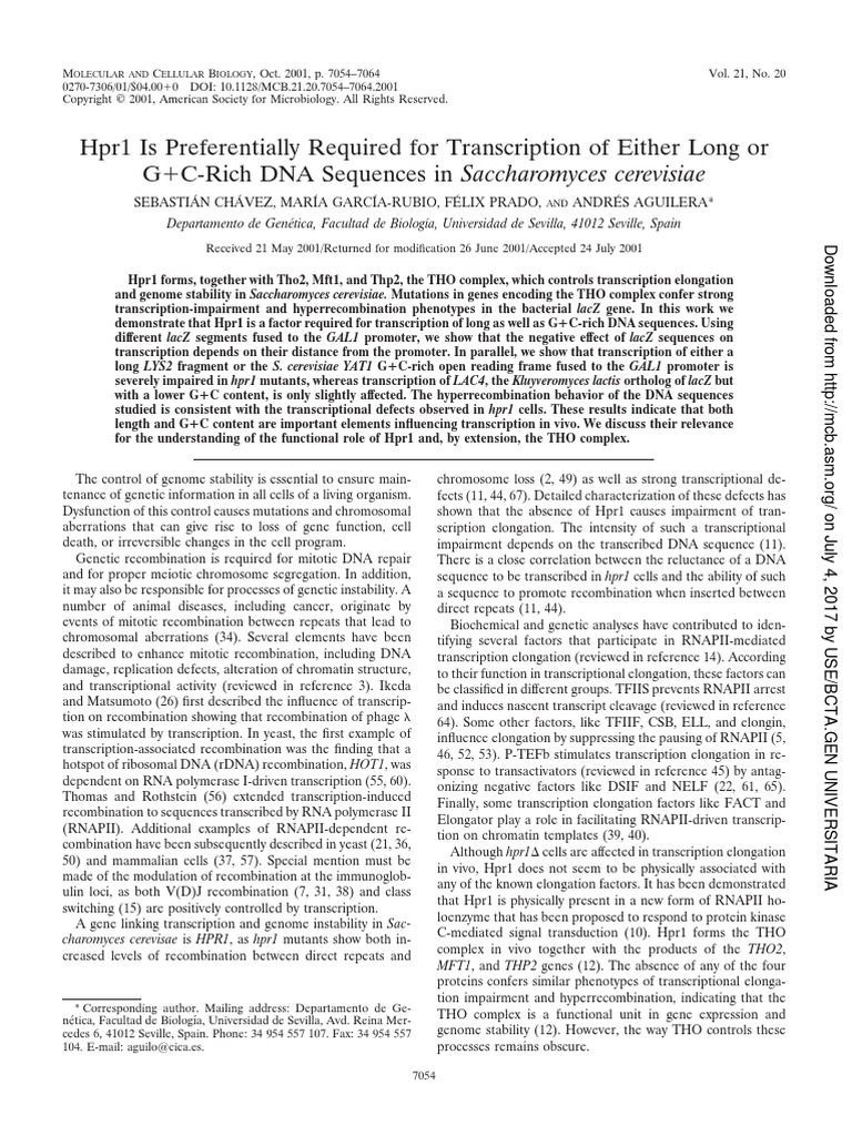 Hpr1 Is Preferentially Required For Transcription of Either Long or G C ...
