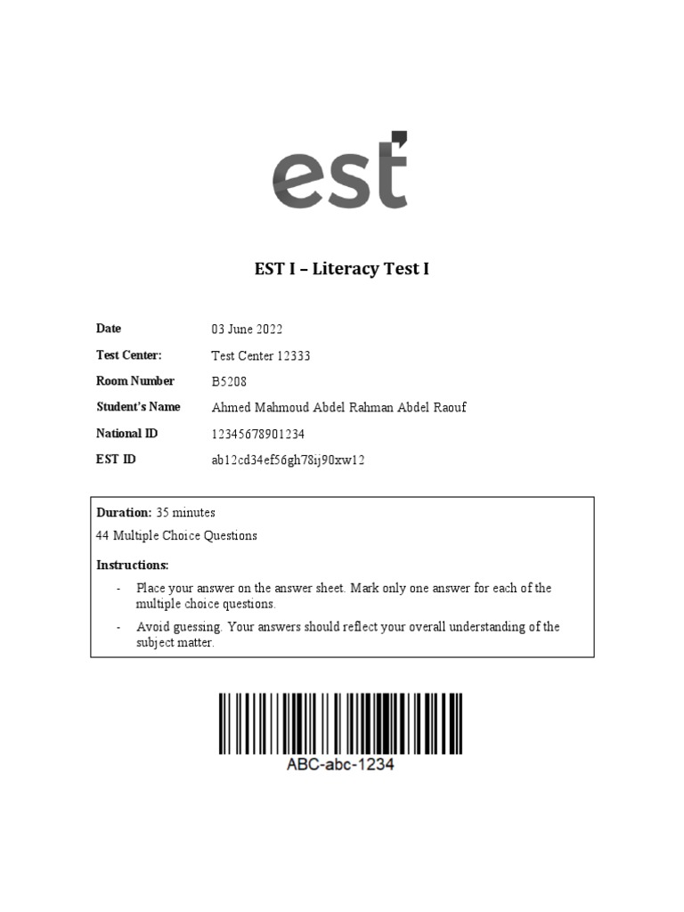 EST I - Literacy 1 - June 2022 | PDF