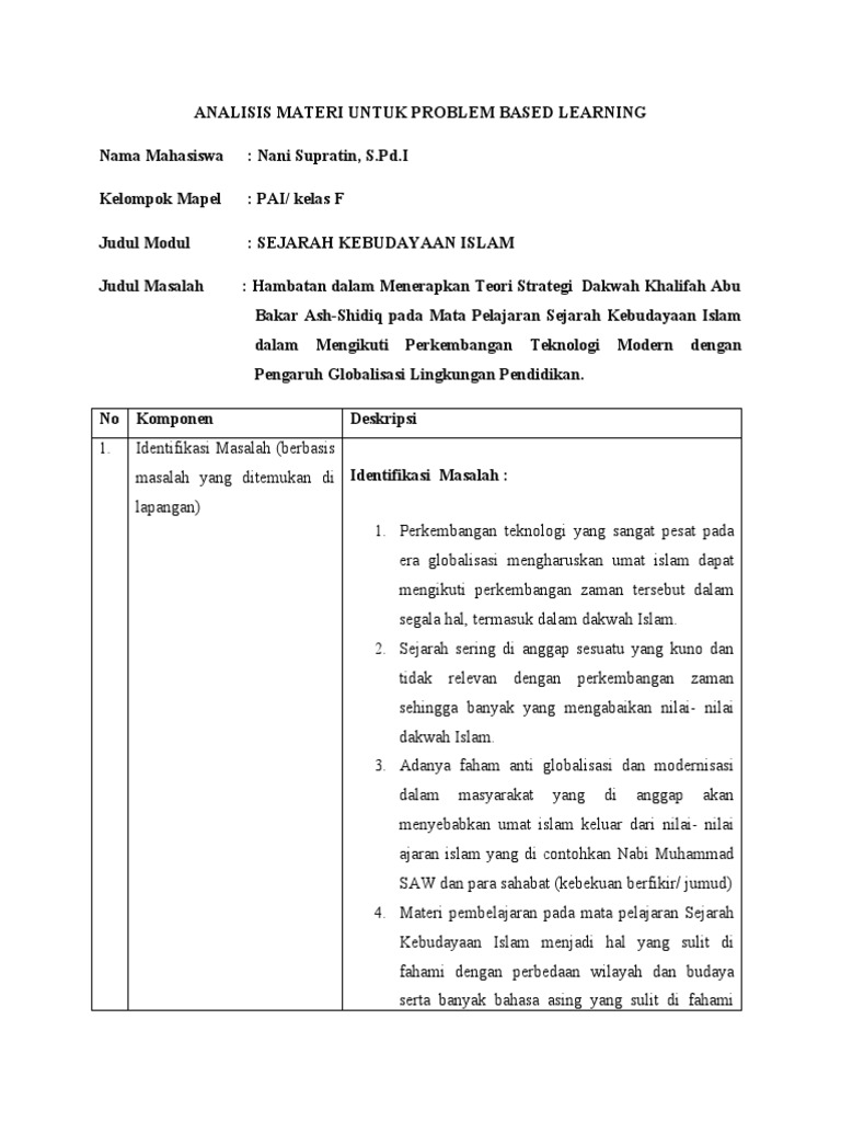 ANALISIS MATERI UNTUK PROBLEM BASED LEARNING Modul SKI Nani | PDF
