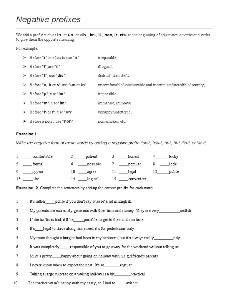 Negative Prefixes and Exercises | PDF