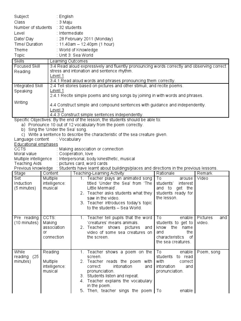Class 3 English Lesson: Sea World | PDF | English Language | Reading ...