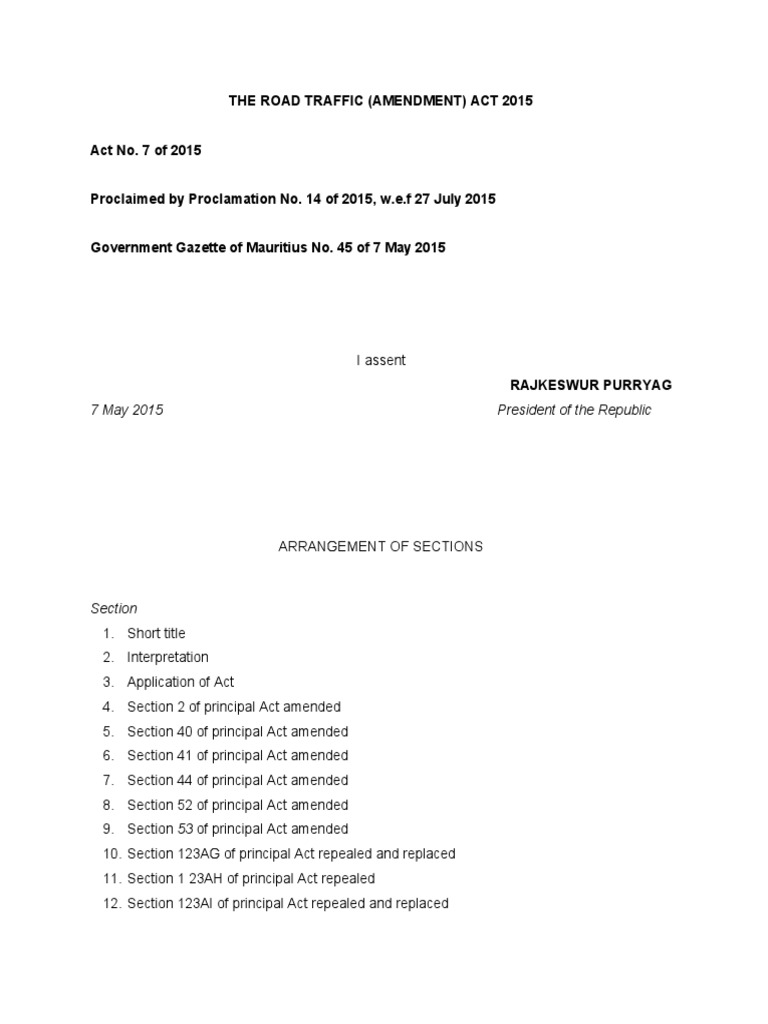 No 07 Road Traffic Amendment Act 201520160528050803887 - 1 - 0 | PDF ...