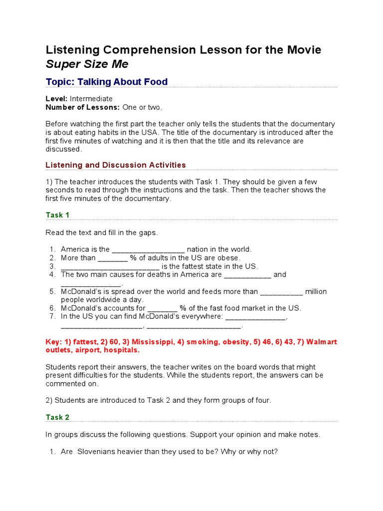 Listening Comprehension Lesson For The Movie Super Size Me | PDF ...