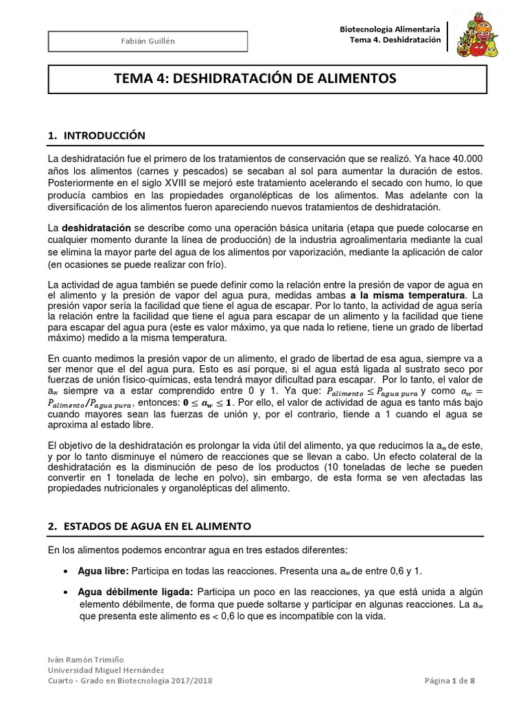 Tema 4. Deshidratación de Alimentos | PDF | Agua | Enzima