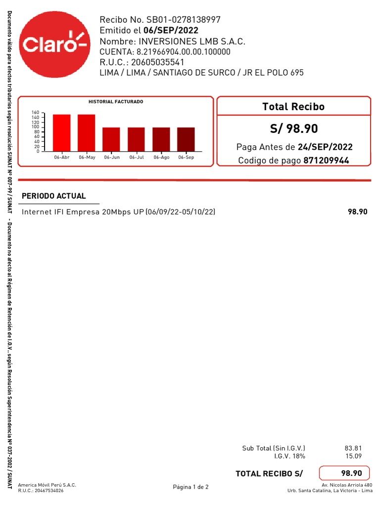 Recibo de Pago Claro - Septiembre 2022 | PDF | Telecomunicaciones ...