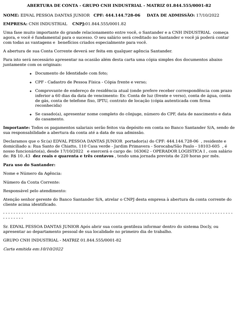 Abertura de Conta Santander para Funcionário CNH Industrial | PDF ...