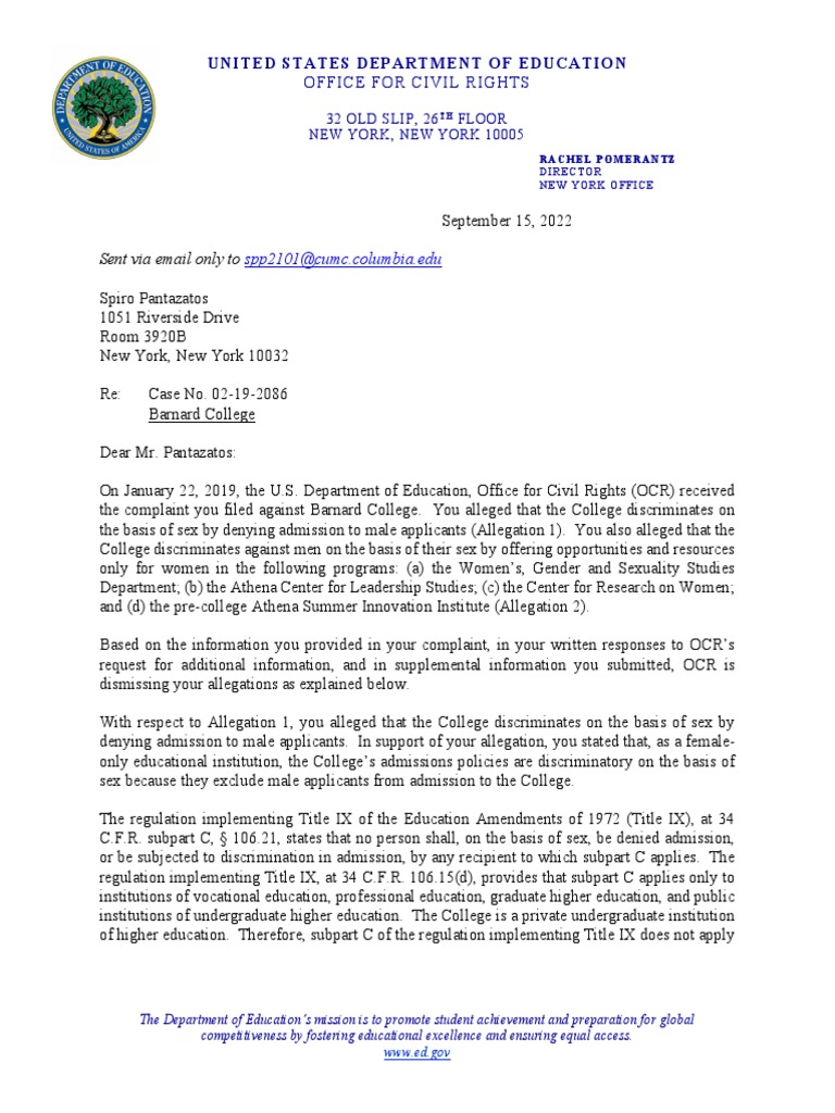 Barnard College, Title IX, Dismissal Letter | PDF | Title Ix | Complaint