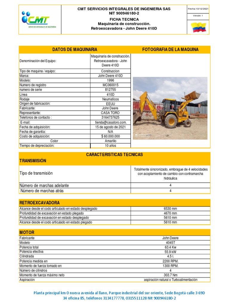 Technical Specifications Sheet for a John Deere 410D Backhoe Excavator ...