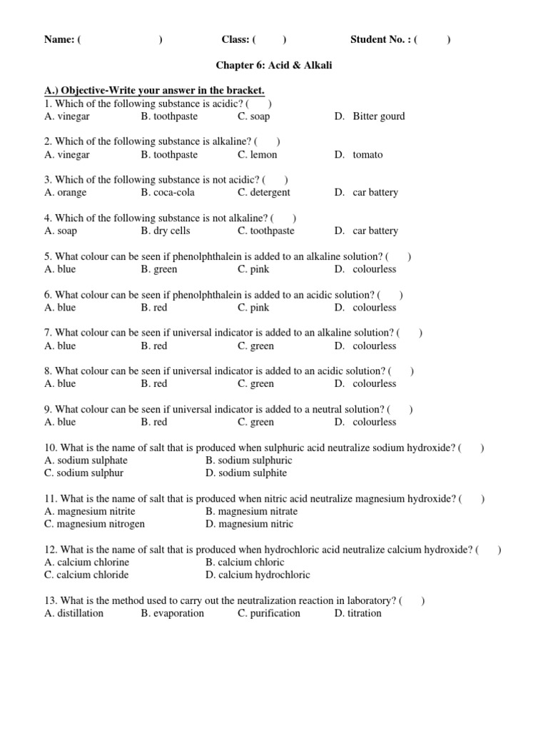 J2 Chapter 6 Exercise | PDF | Acid | Atoms