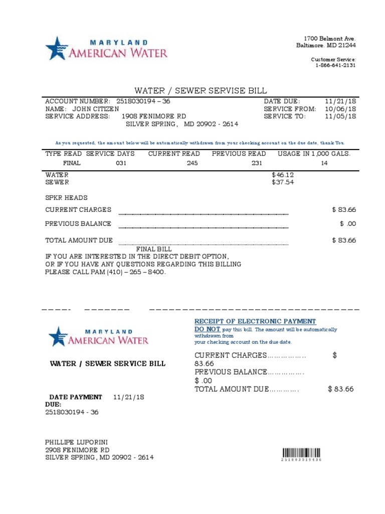 Maryland Water/Sewer Bill Receipt | PDF | Transaction Account | Trade