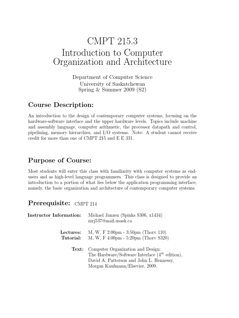 CMPT 215.3 Introduction To Computer Organization and Architecture | PDF ...