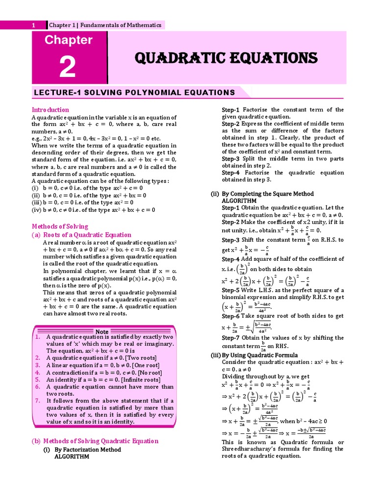 Quadratic Equations Lecture 1 Solving Polynomial Equations Pdf
