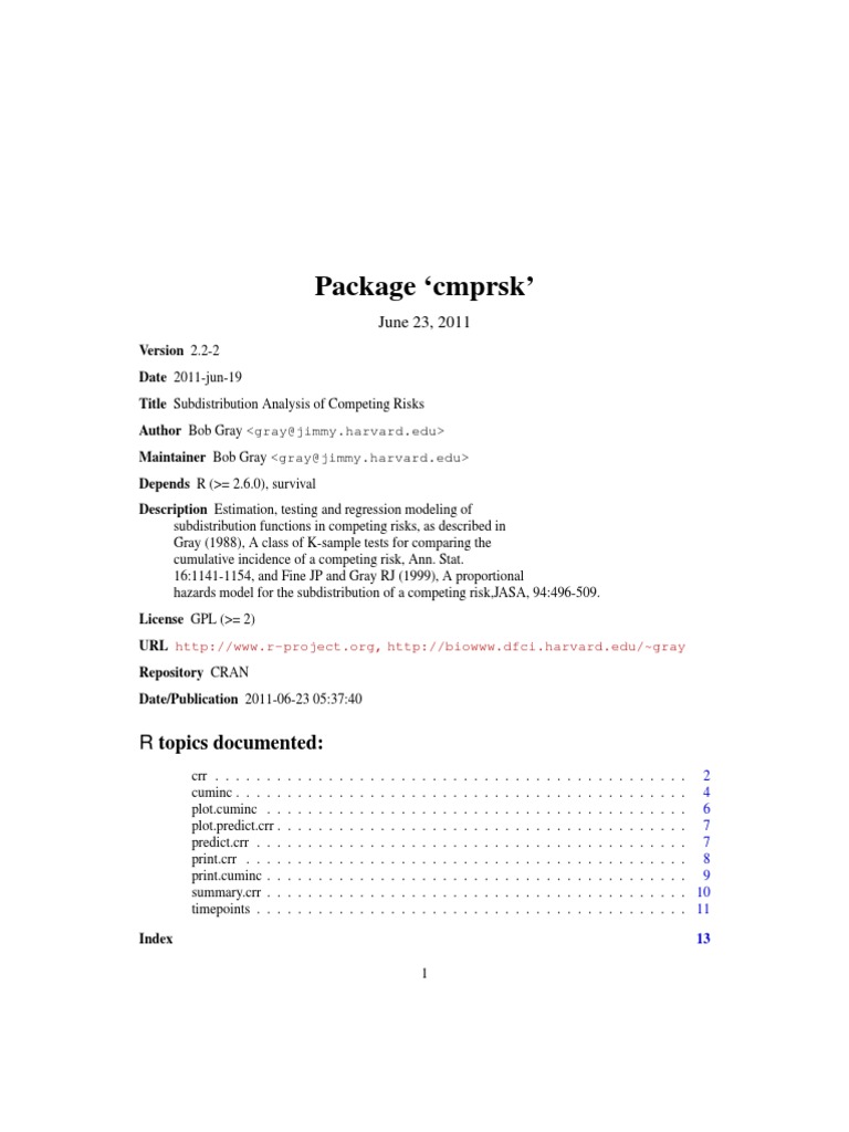 Package CMPRSK': R Topics Documented | PDF | P Value | Parameter (Computer Programming)