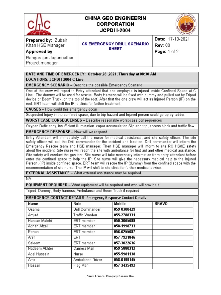 Emergency Drill Plan Confined Space | PDF