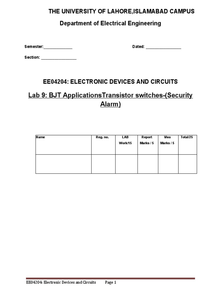 BJT Security Alarm Lab Exercise | PDF | Security Alarm | Transistor