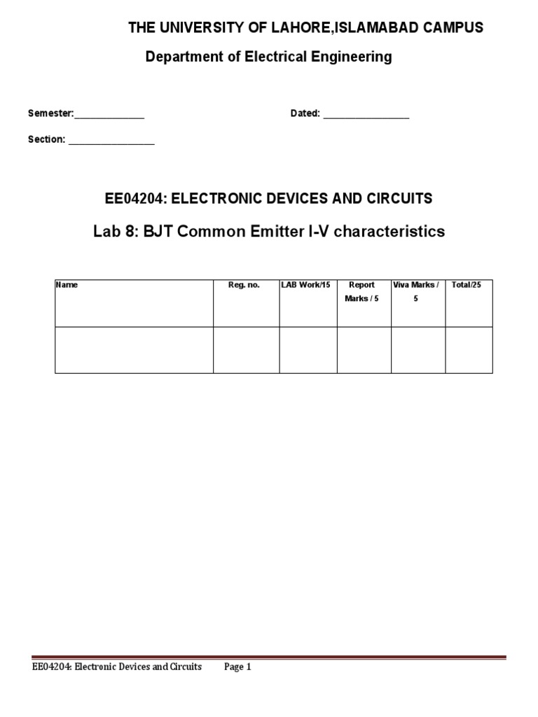 EDC Lab No.8 (BJT Common Emitter I-V Characteristics) | PDF | Bipolar ...