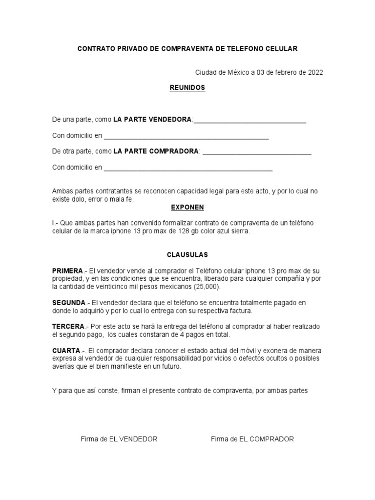 Contrato Privado de Compraventa de Telefono Celular | PDF