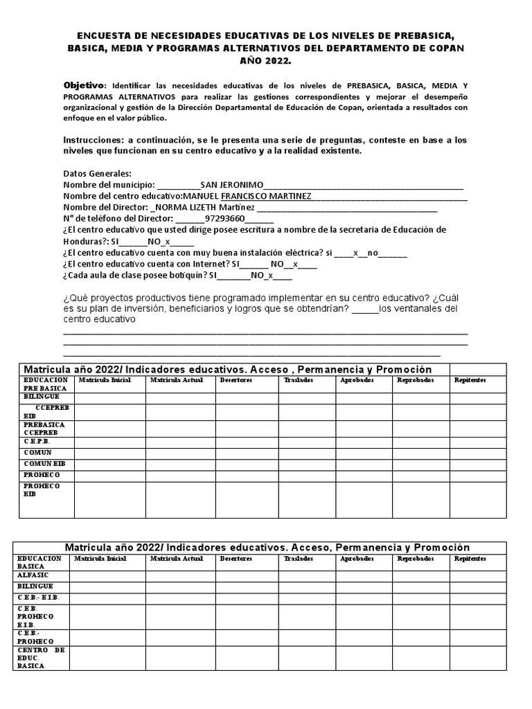 Diagnostico Educativo para Directores Todos Los Niveles Educativos de Copan 2022 | PDF | Método ...