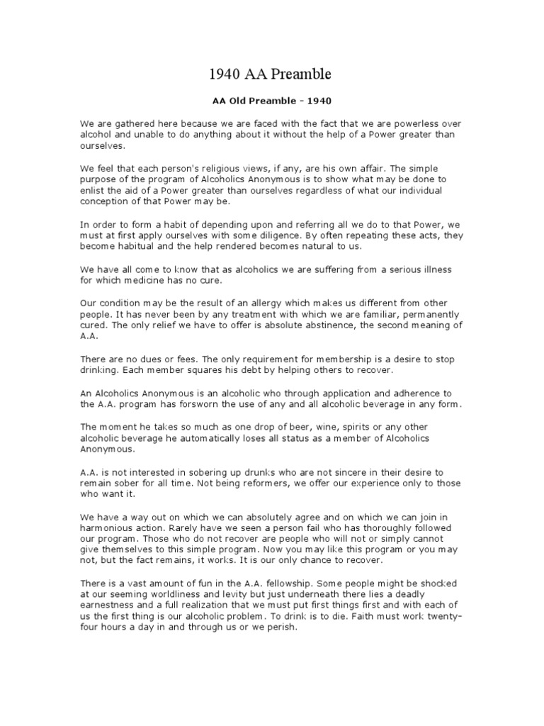 1940 AA Preamble | PDF | Alcoholics Anonymous | Alcohol