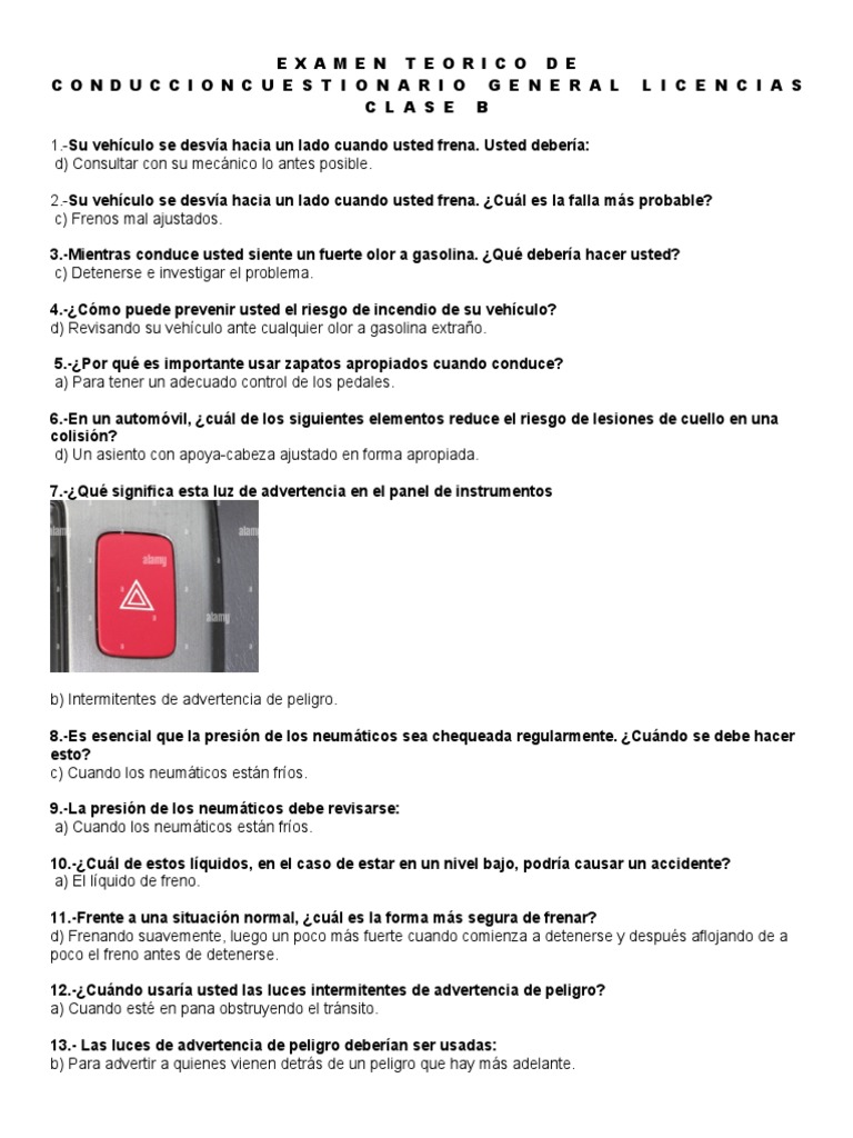 Examen Teórico de Conducción Clase B | PDF | Neumático | Presión