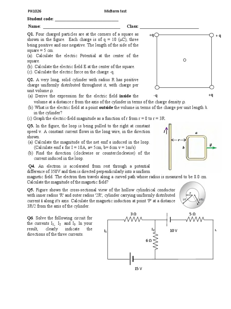 Midterm Test PH1026 - 2021 | PDF | Electric Field | Electric Current