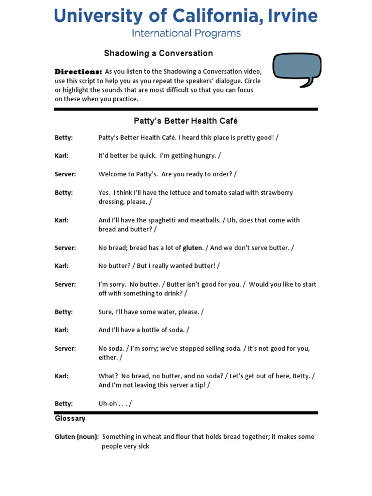Handout Shadowing A Conver - Sation Script Patty S Better Health Cafe | PDF