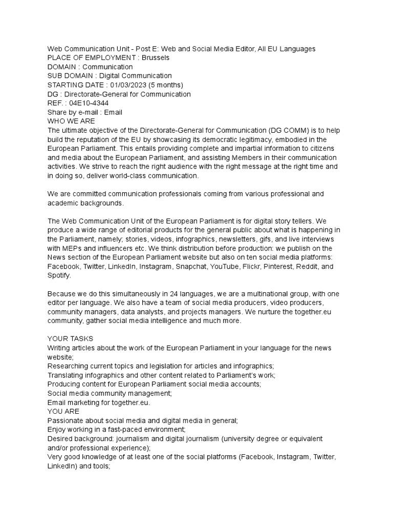 Web Communication Unit - Post E - Web and Social Media Editor, All EU ...