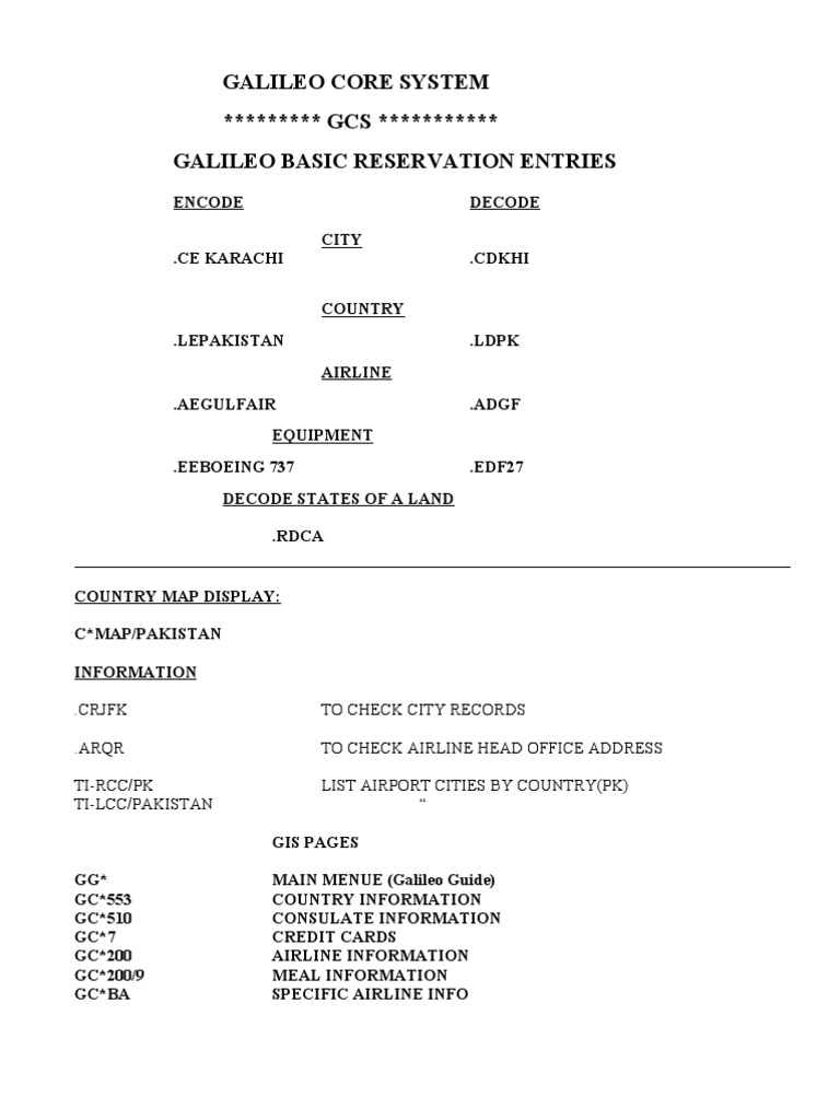 Galileo Core System GCS Galileo Basic Reservation Entries | PDF