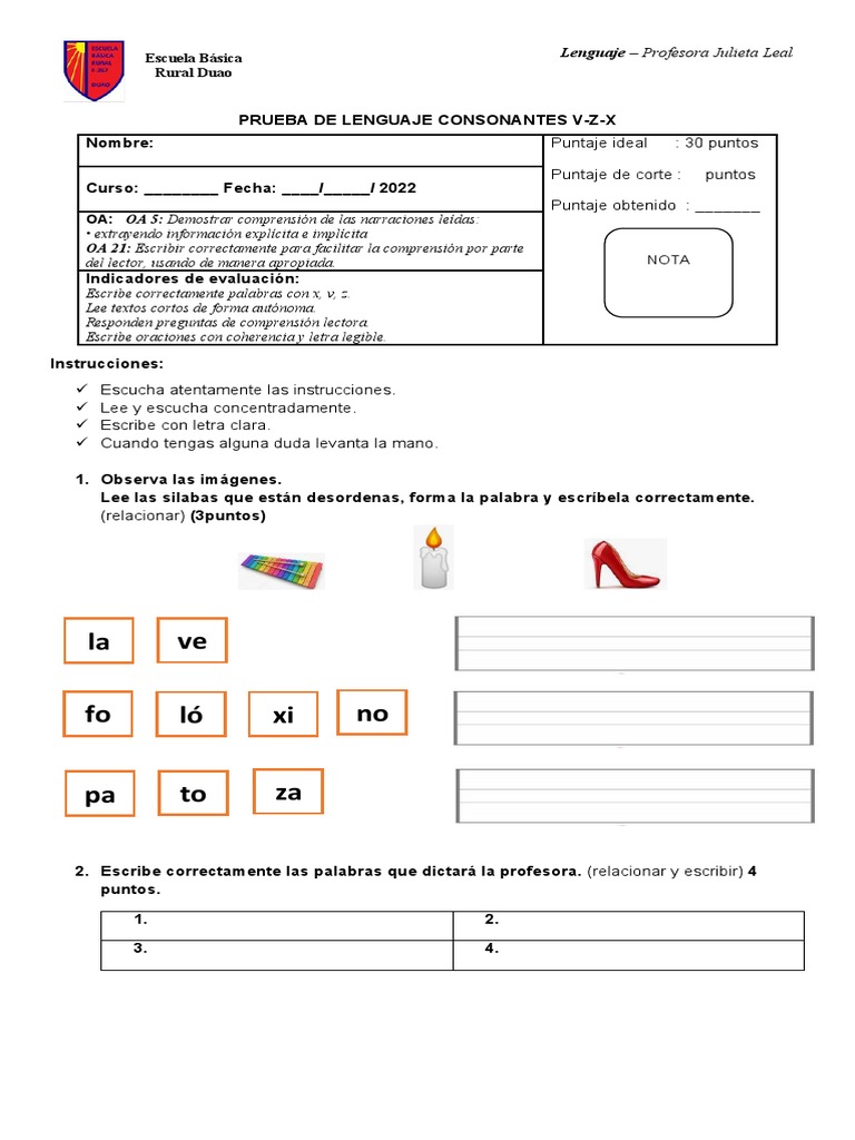 Prueba de Lenguaje Consonantes V | PDF