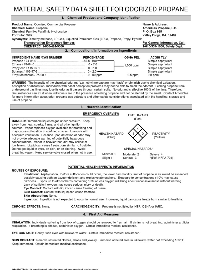 Material Safety Data Sheet For Odorized Propane: 1. Chemical Product ...