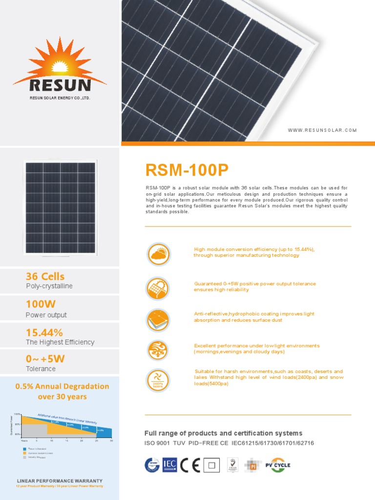 RSM-100P Poly 100W | PDF | Solar Panel | Energy Technology