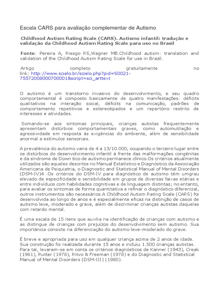 Escala CARS para avaliação complementar de Autismo | PDF | Autismo ...