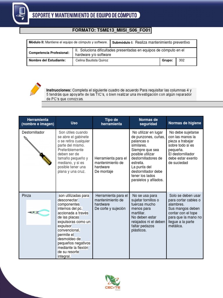 Formato de Herramientas Mas Utilizadas en El Taller de Mantenimiento de Equipo de Computo. | PDF ...