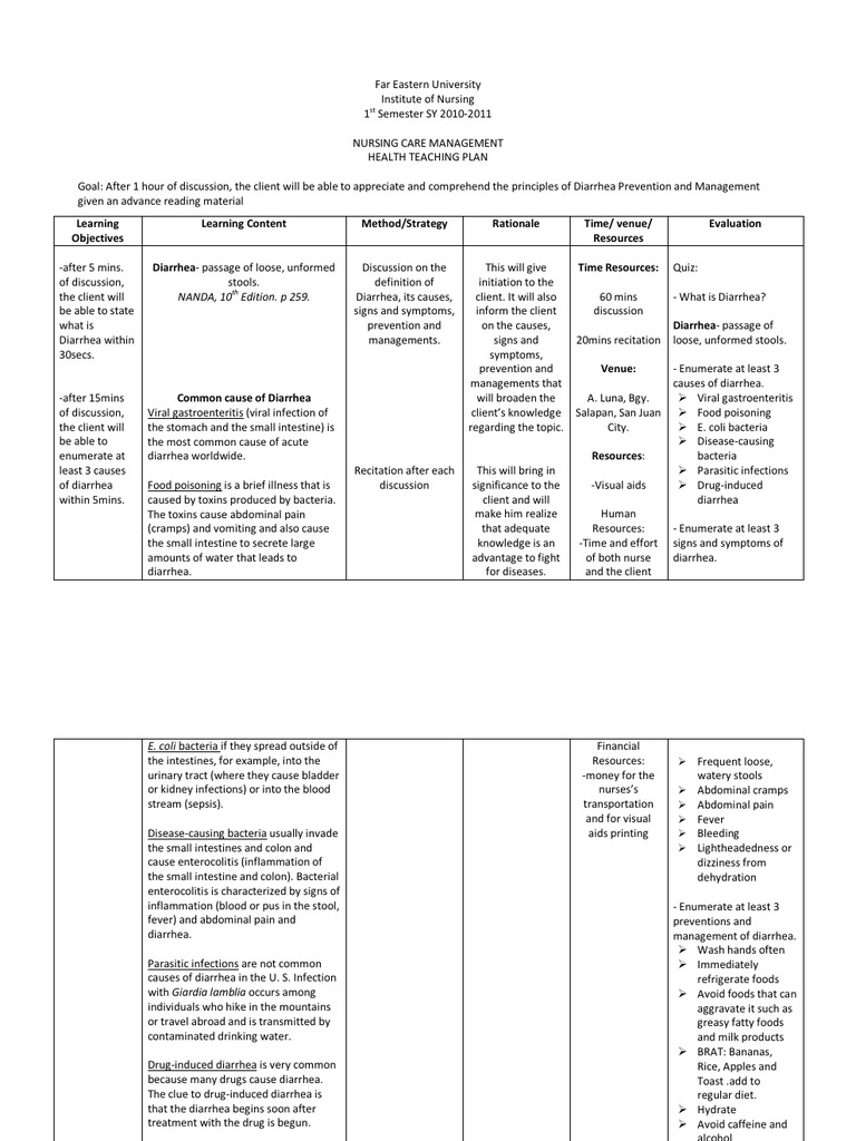Preventing and Managing Diarrhea: A Health Teaching Plan for Nursing ...