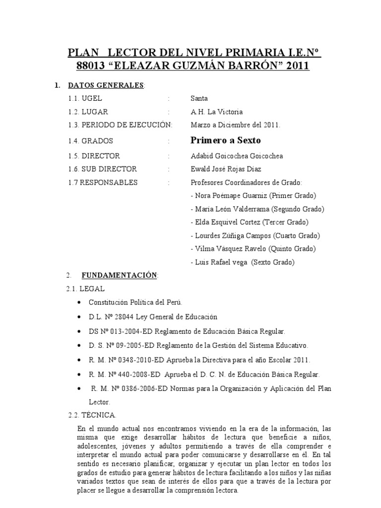 Plan Lector Primaria 2010 | PDF | Educación primaria | Salón de clases