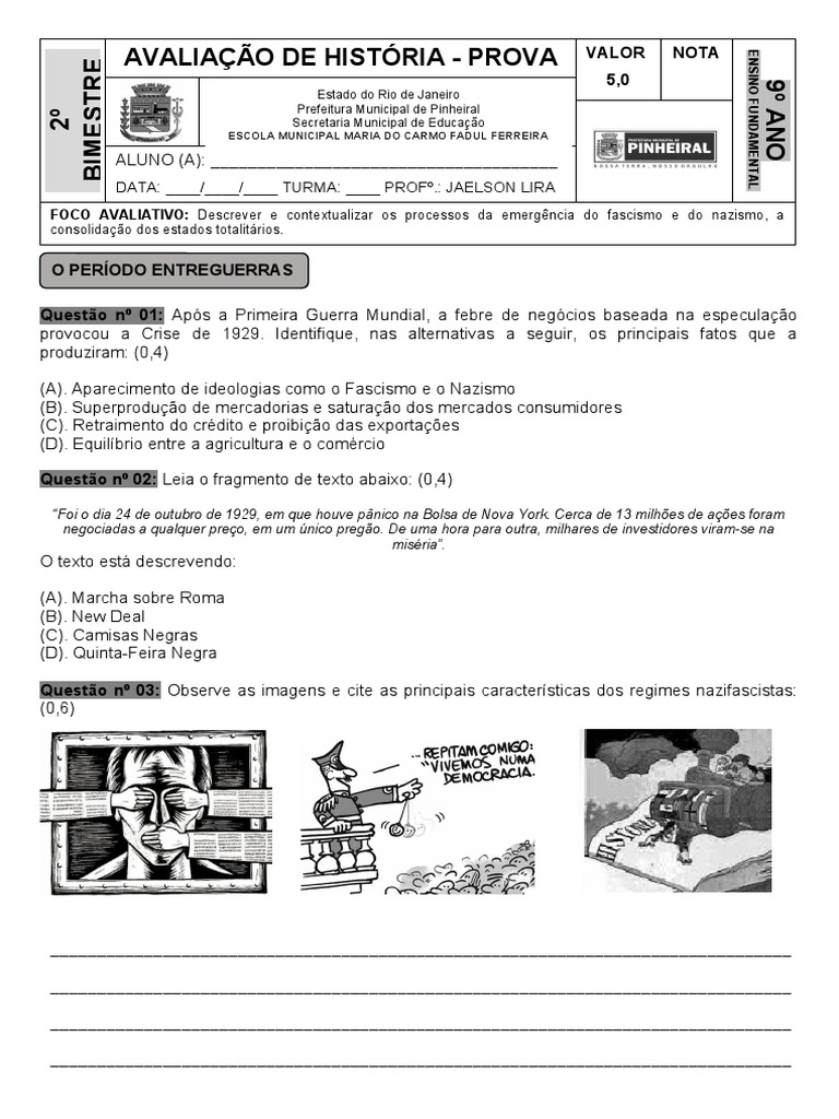 Prova - 2º Bimestre (9º Ano) | PDF | Nazismo | A Grande Depressão