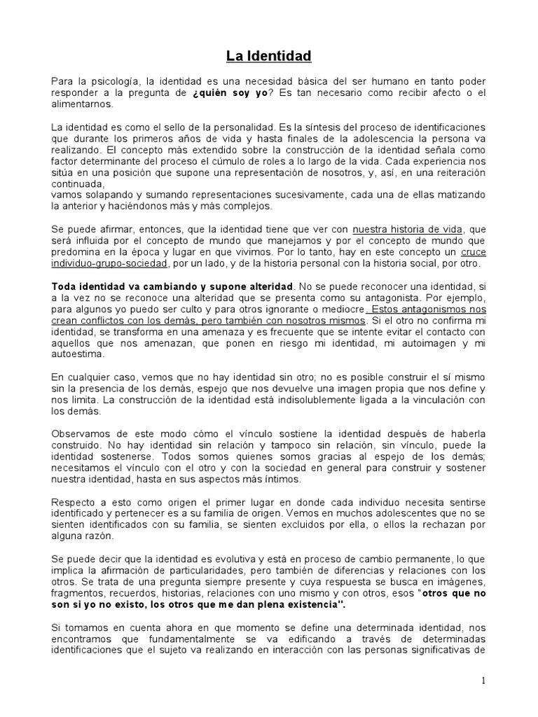 Identidad Definición | Descargar gratis PDF | Autoestima | Familia