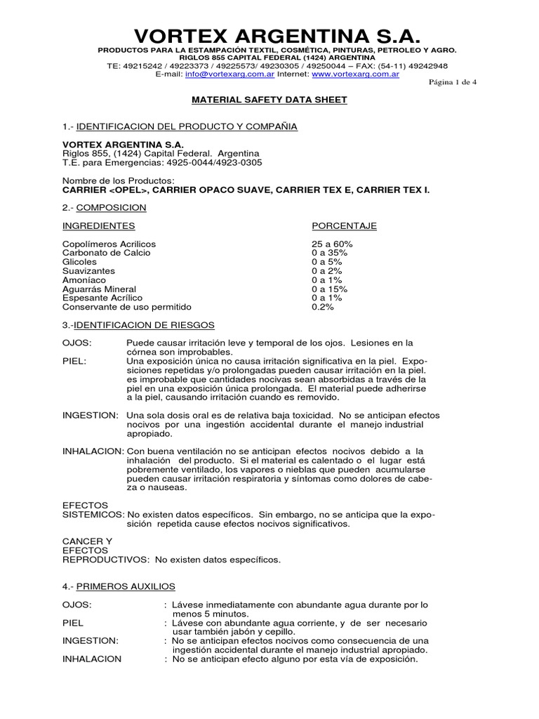 Ficha de Seguridad Vortex Argentina S.A. | PDF | Agua | Residuos
