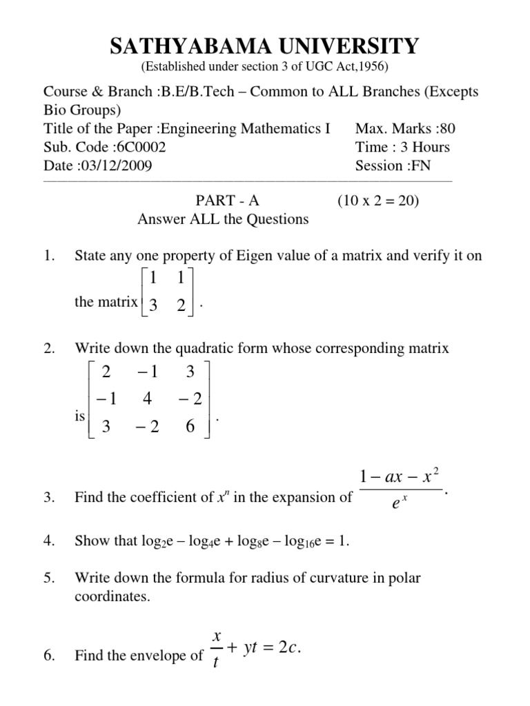 (WWW - Entrance-Exam - Net) - Sathyabhama University B.EB. Tech - 1st Semester Engineering ...